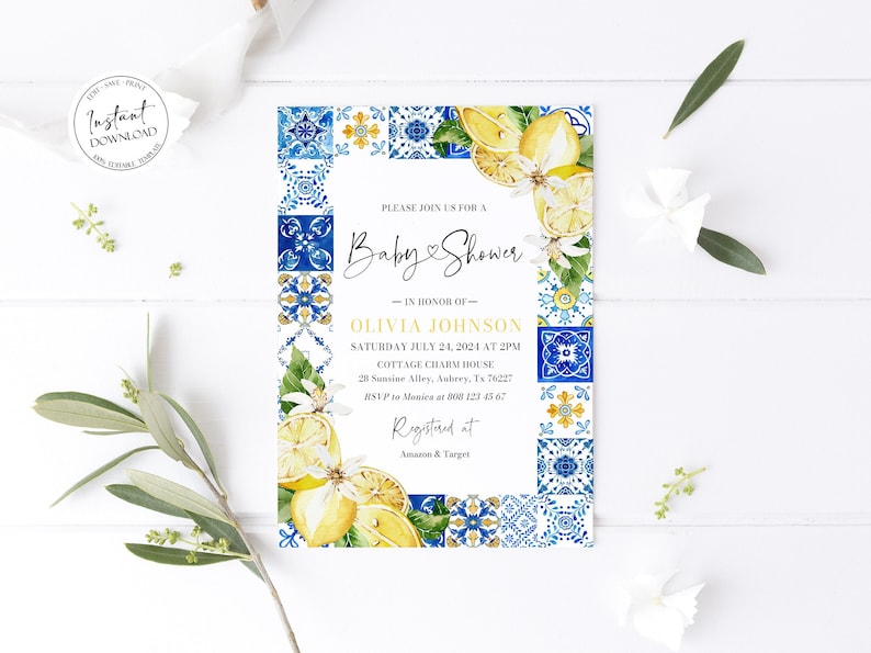 Positano Blue Tiles Lemon Baby Shower Invitation Template, Italian ...