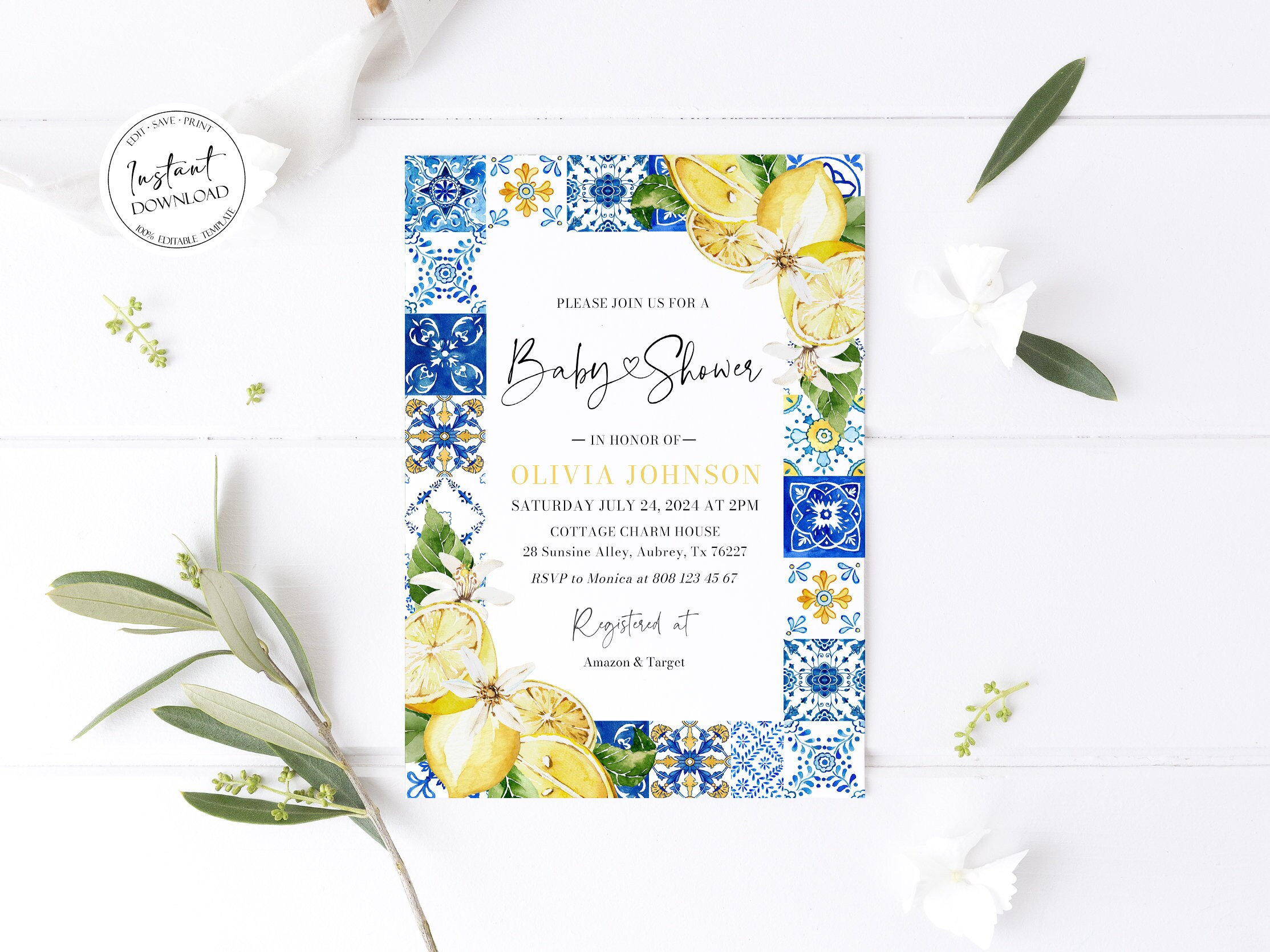 Positano Blue Tiles Lemon Baby Shower Invitation Template, Italian ...