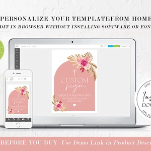 Pink Girl Boho Custom Baptism Sign Template Editable Arch Boho Pampas ...