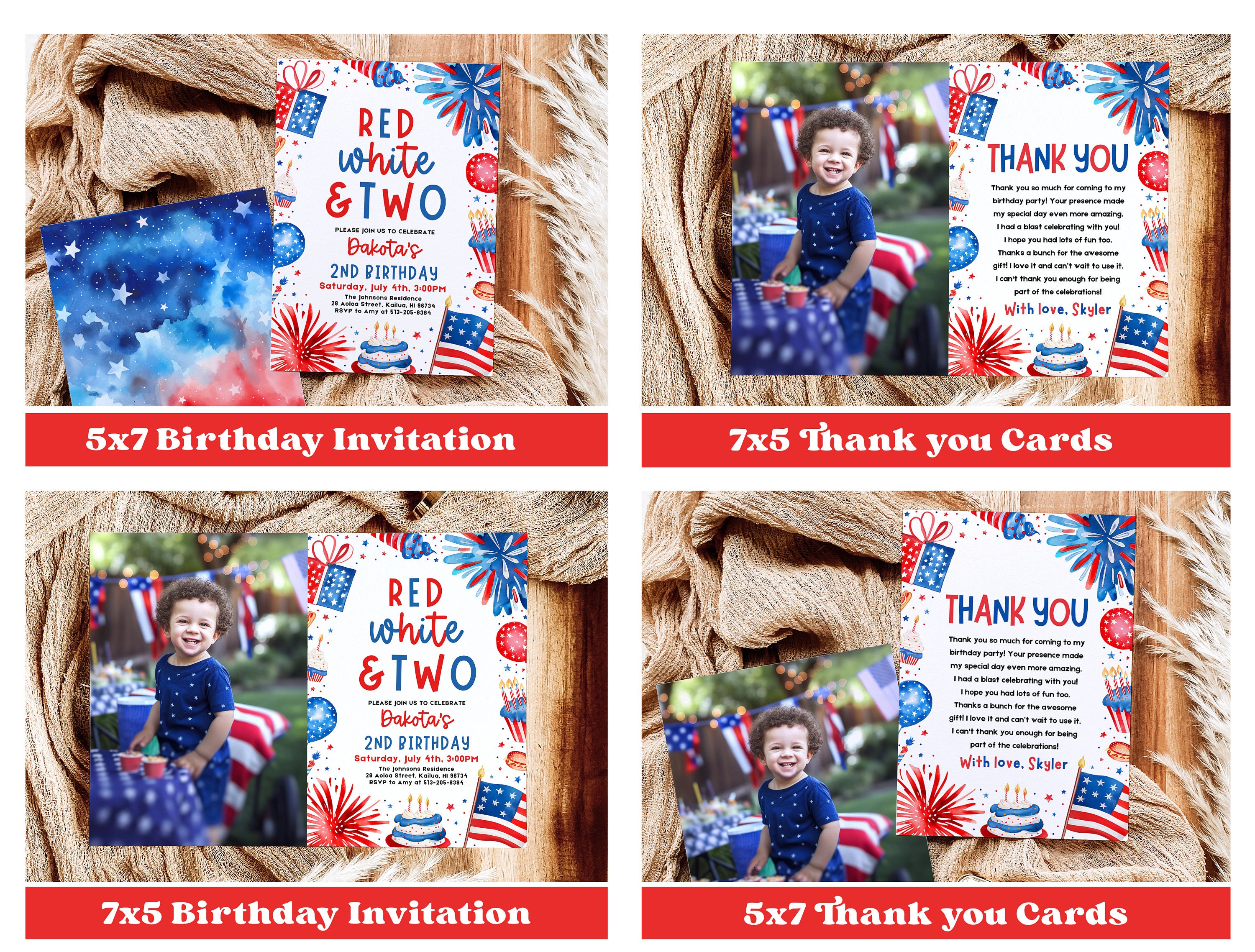 Red White and Two Birthday Invitation Bundle, 4th of July 2nd Birthday ...