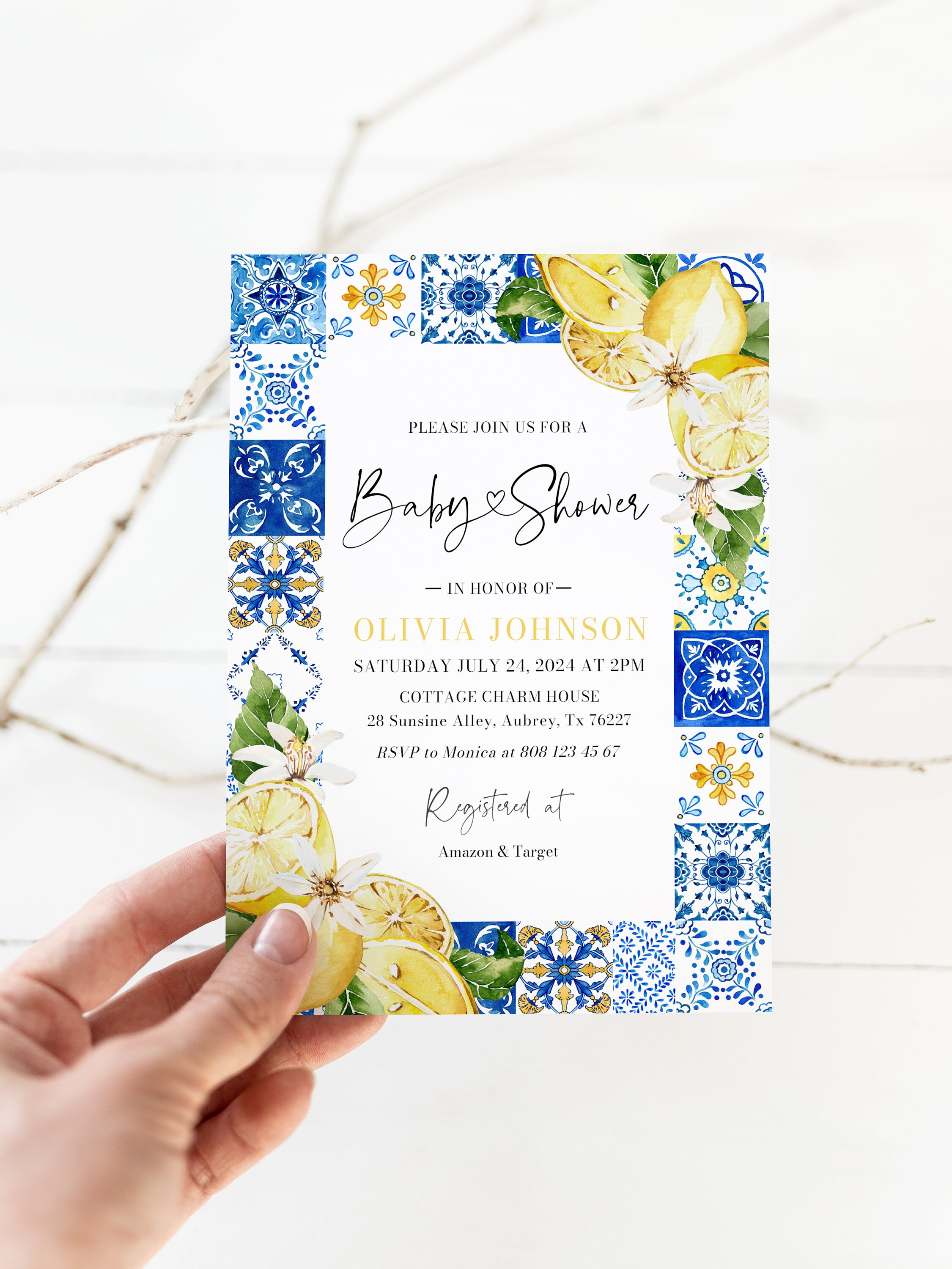 Positano Blue Tiles Lemon Baby Shower Invitation Template, Italian ...