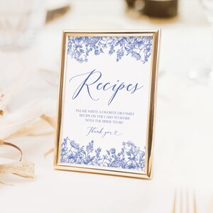 Blue Floral Recipe Card Template, Editable Blue Vintage Floral Bridal ...