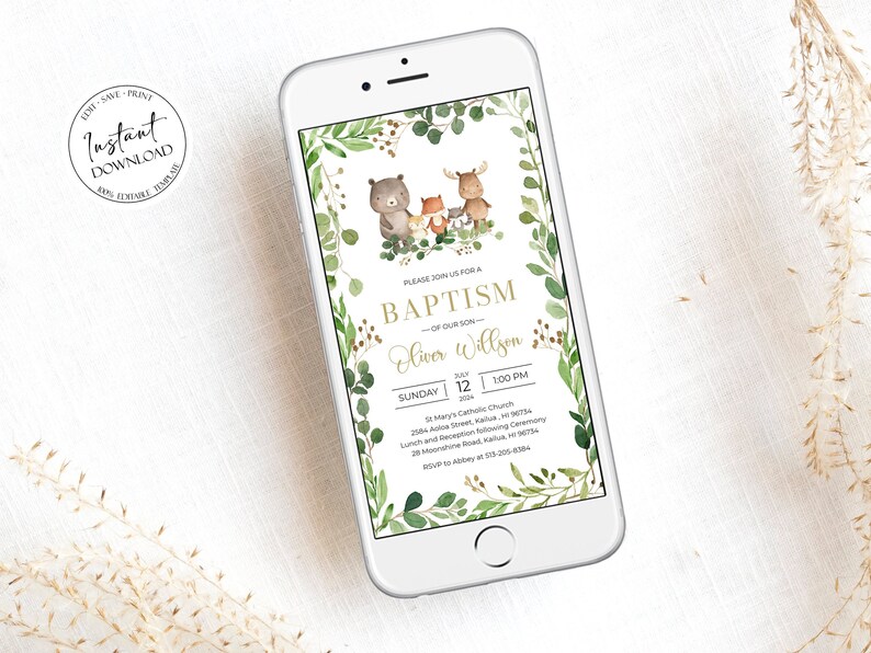 Digital Baptism Invitation Greenery Animals Baptism Evite - Etsy