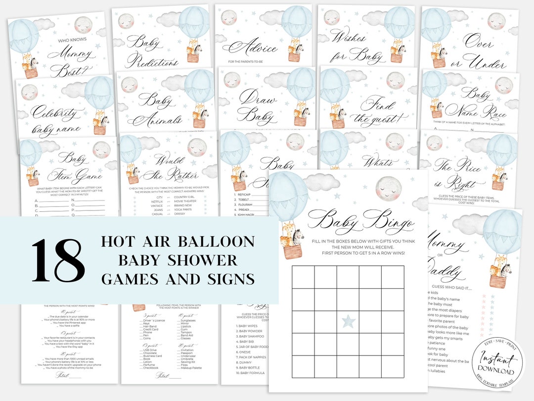 18 Blue Hot Air Balloon Baby Shower Games Package Editable - Etsy