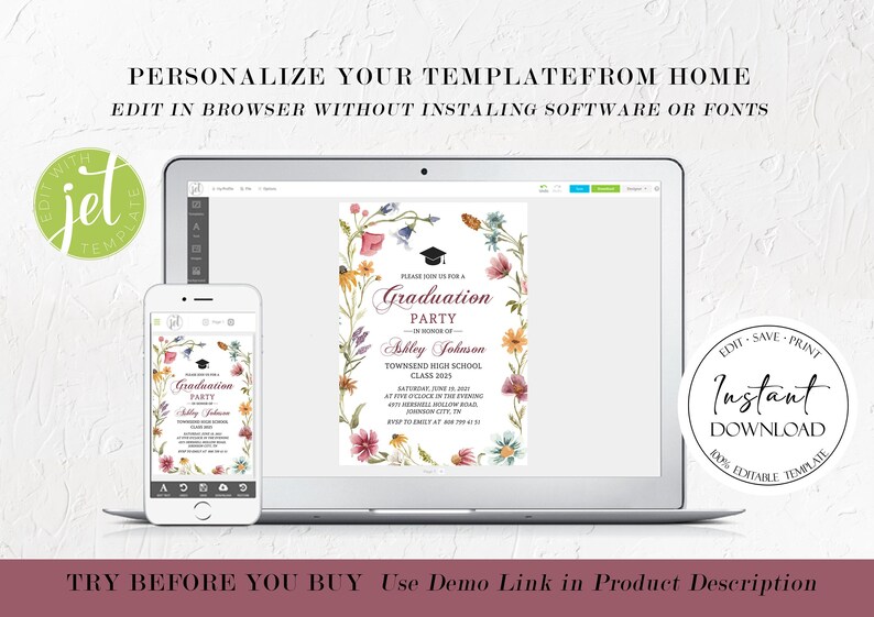 Wildflower Graduation Invitation Template, Class 2026, Wildflower ...