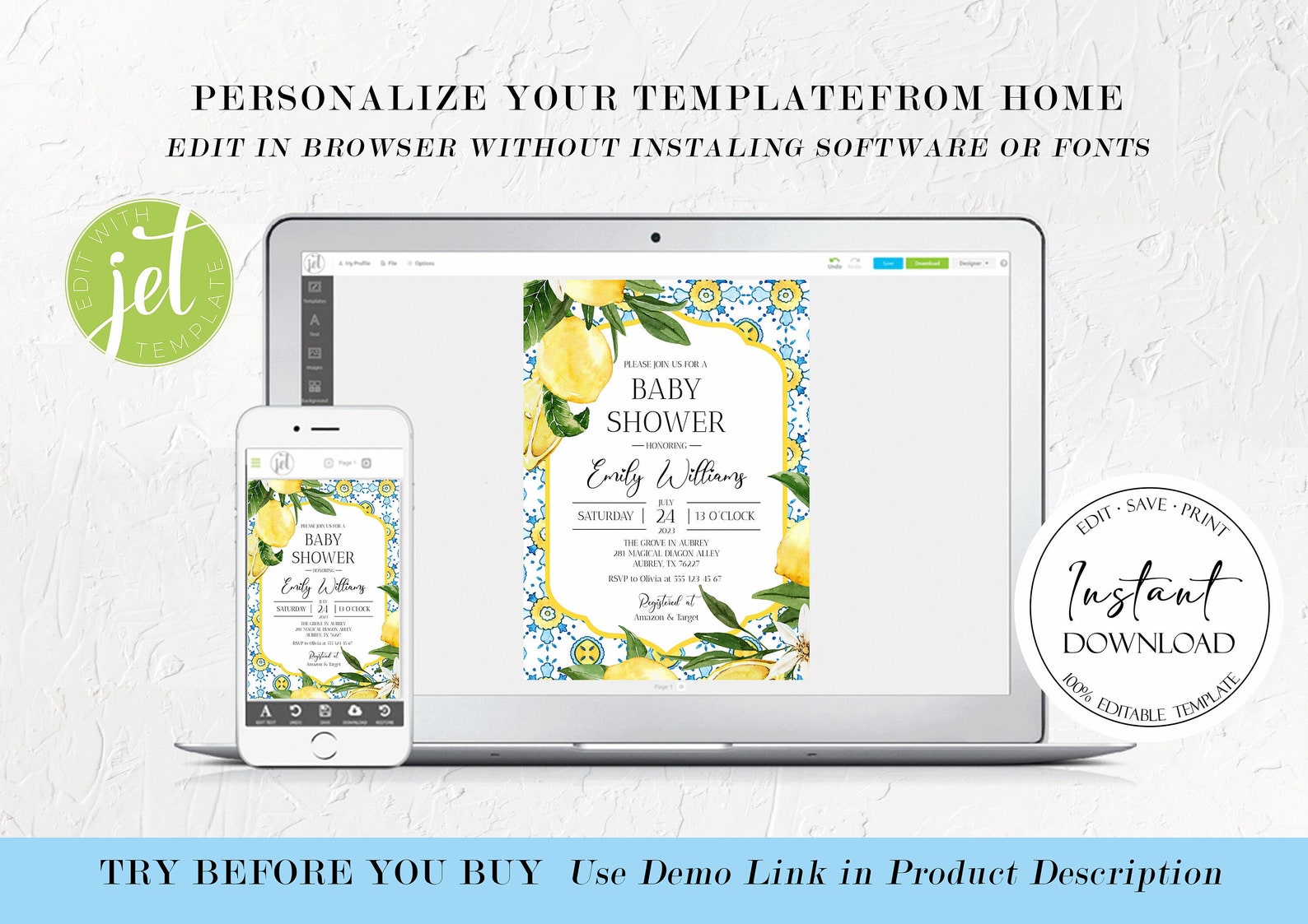 Positano Blue Tile Lemons Baby Shower Invitation Bundle - Etsy