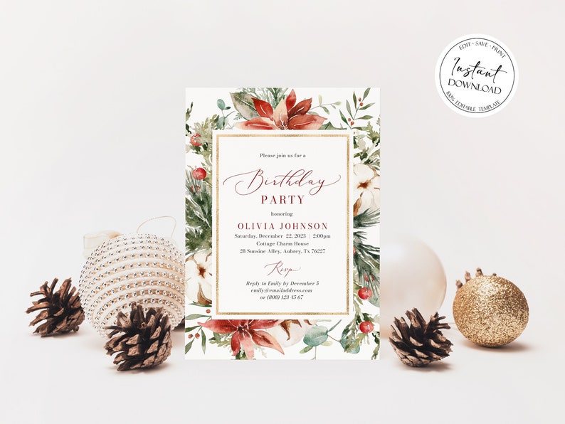 Winter Birthday Party Invitation, Editable Red Berries Evergreen ...