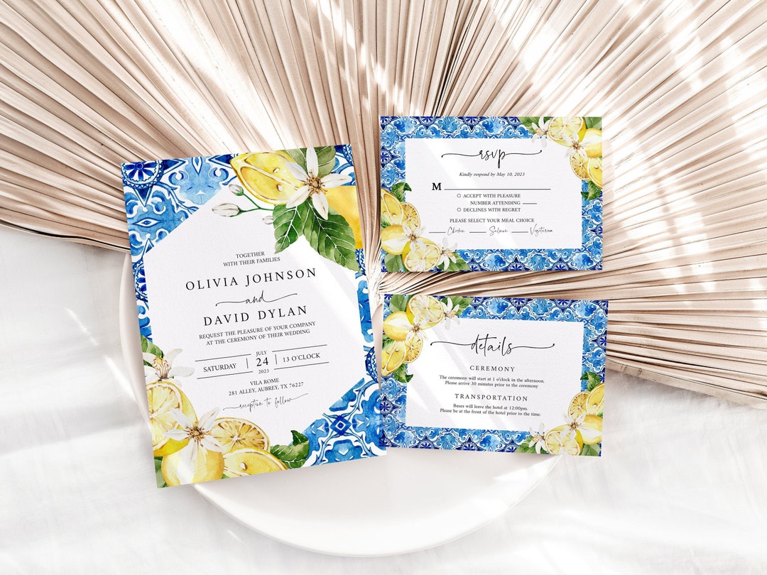 Positano Blue Tile Lemons Wedding Invitation Set - Etsy