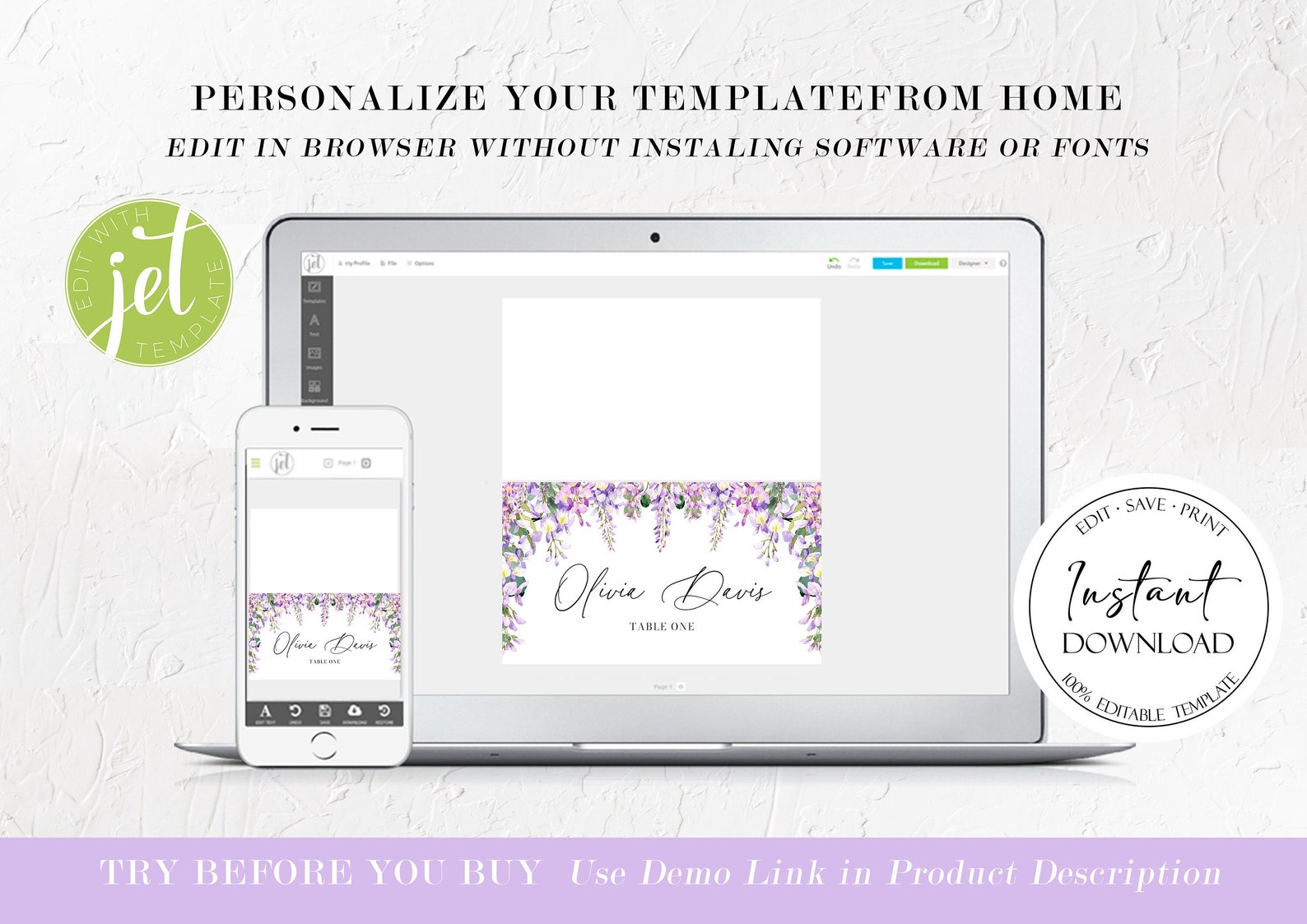 Wisteria Wedding Place Cards Template Editable Light Purple - Etsy