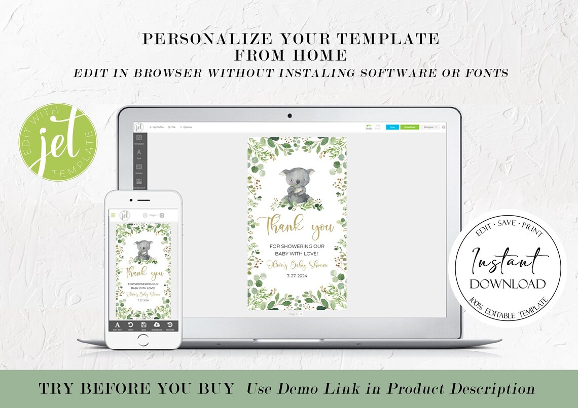 Koala Baby Shower Favor Tag Template, Greenery Gender Neutral Baby ...