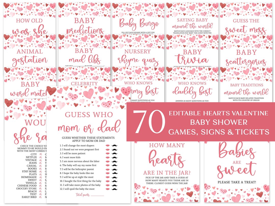 Valentine Baby Shower Game Bundle, Printable Girl Pink Red Hearts Baby ...