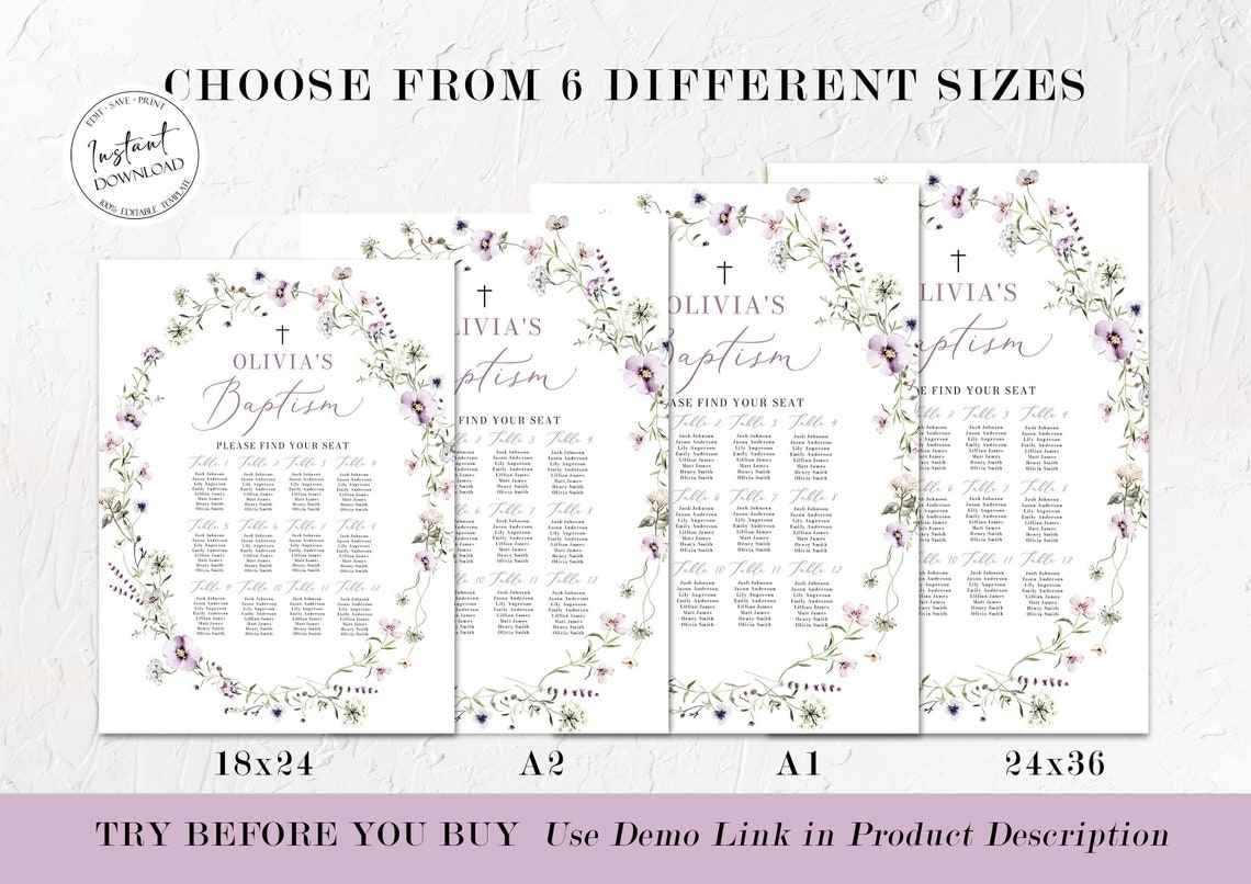 Wildflower Baptism Seating Chart, Wildflower Christening Seating Chart ...