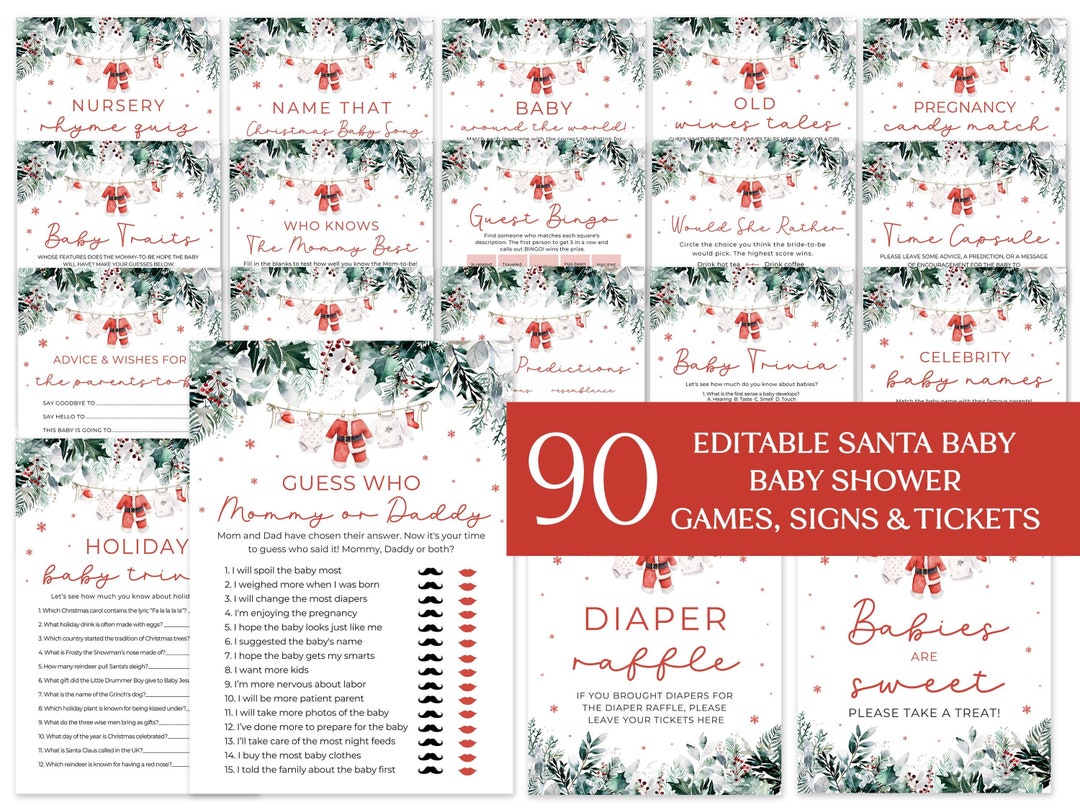 90 Editable Santa Baby Baby Shower Game Bundle, Christmas Baby Clothes ...