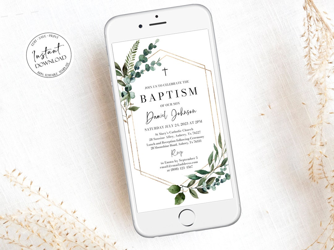 Digital Baptism Invitation Editable Greenery Gold Baptism Evite ...