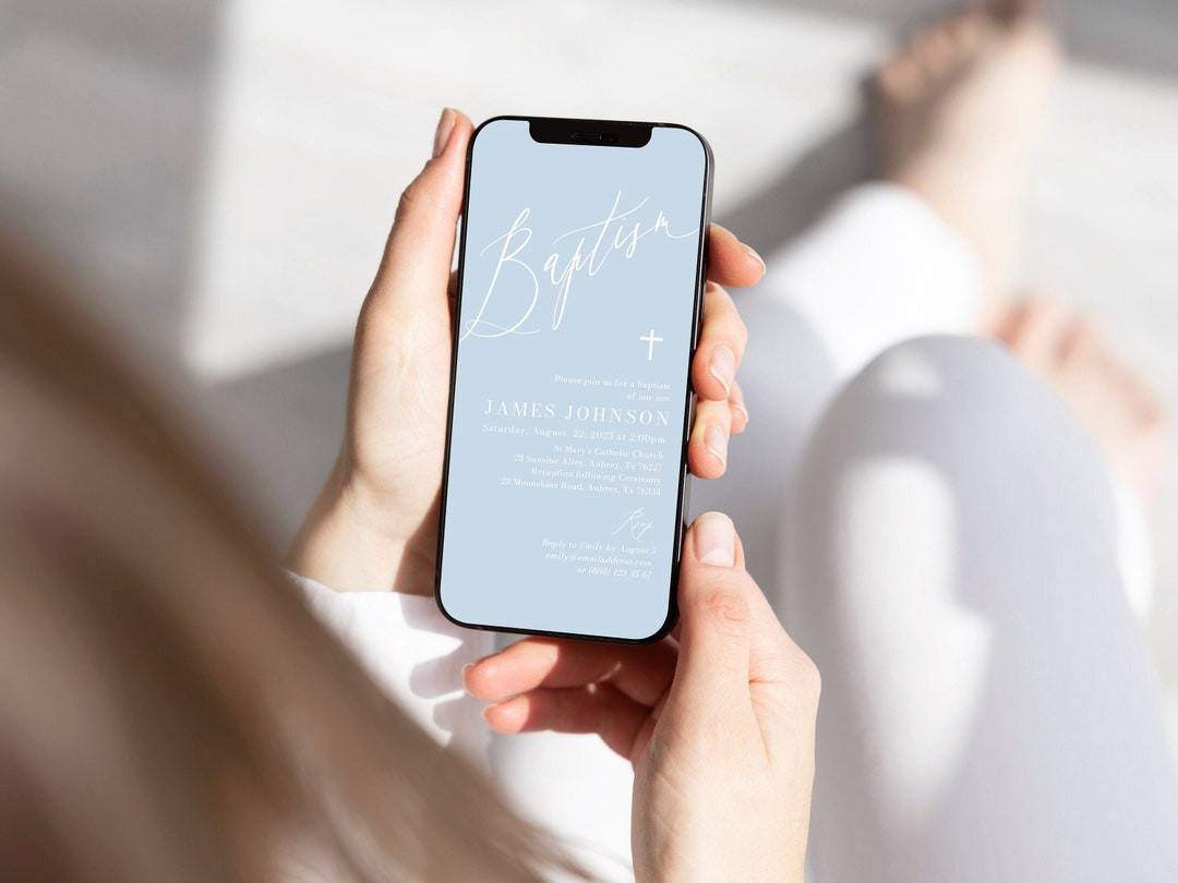 Digital Baptism Invitation, Dusty Blue Baptism Text Invitation White ...