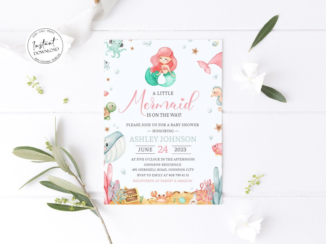 Editable Mermaid Baby Shower Invitation Little Mermaid Under the Sea ...