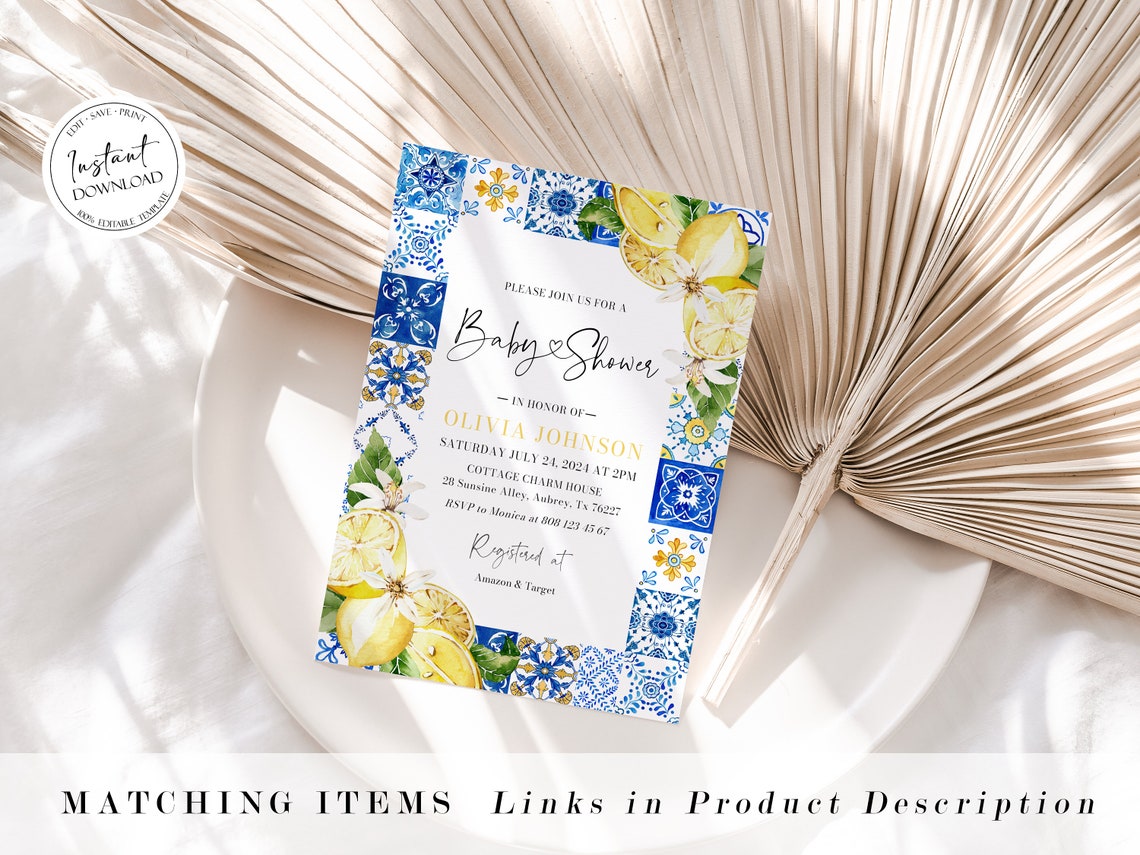 Positano Blue Tiles Lemon Baby Shower Invitation Template - Etsy