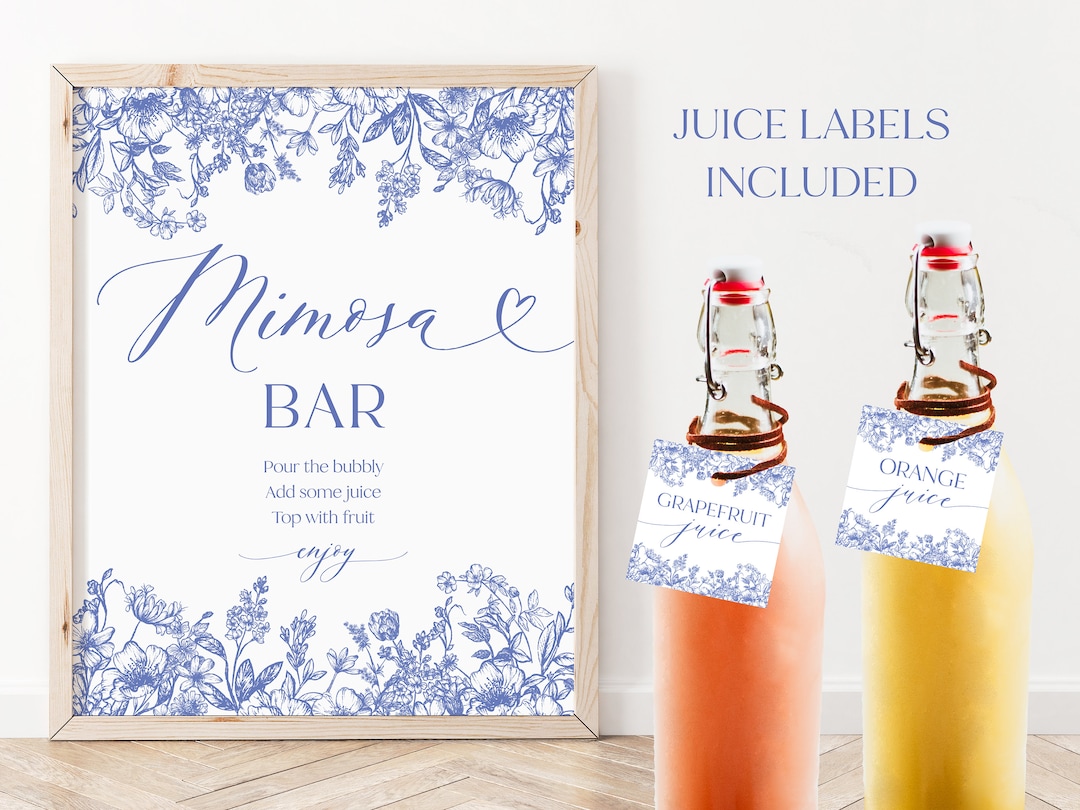 Blue Floral Mimosa Bar Sign Victorian Blue Bridal Shower Mimosa Sign ...