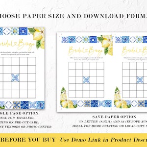 Editable Blue Tile Lemons Bridal Shower Games Template Italian Amalfi ...