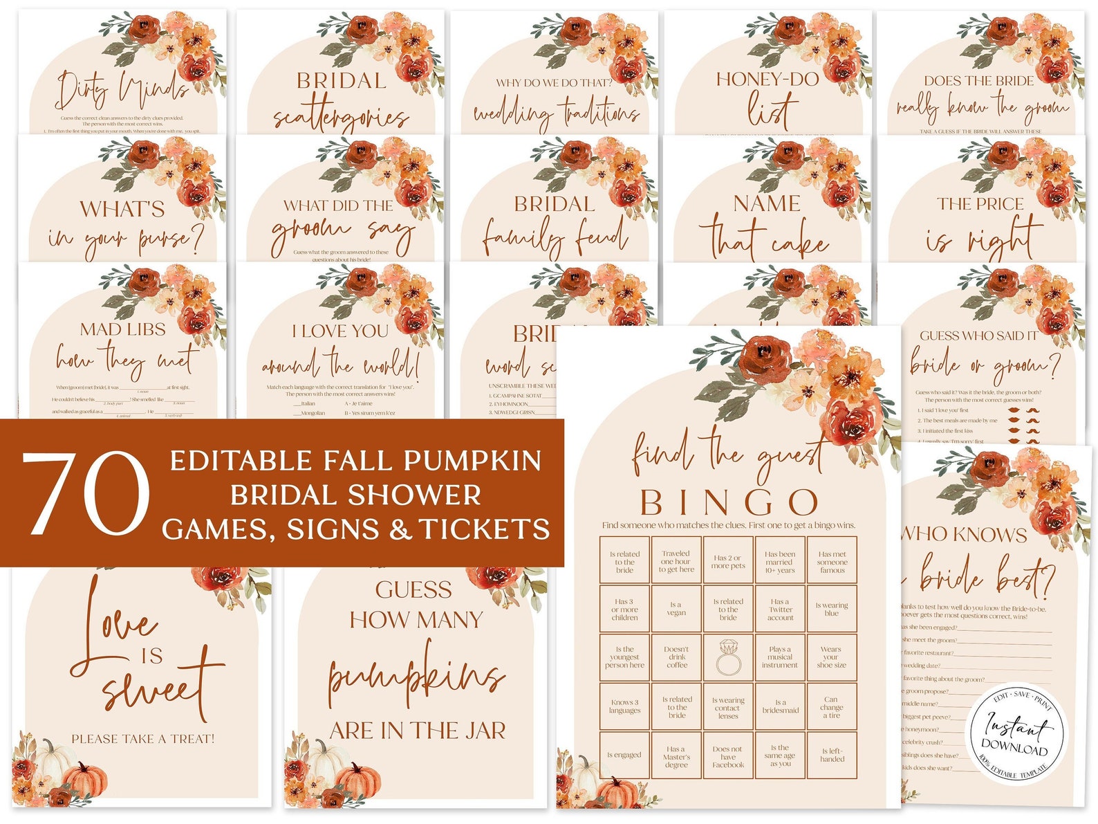 Editable Fall Bridal Shower Games, Boho Fall Pumpkin Bridal Shower Game ...