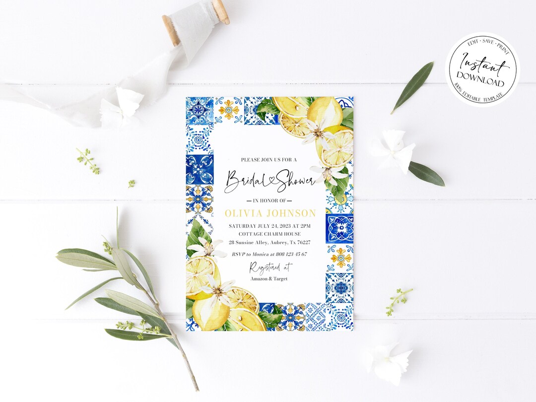 Italian Blue Tile Lemon Bridal Shower Invitation Template Mediterranean ...