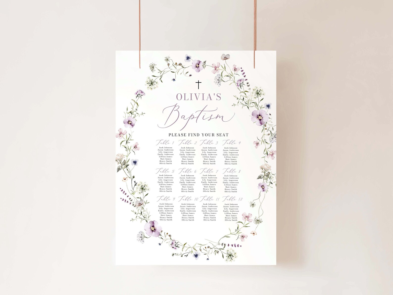 Wildflower Baptism Seating Chart, Wildflower Christening Seating Chart ...