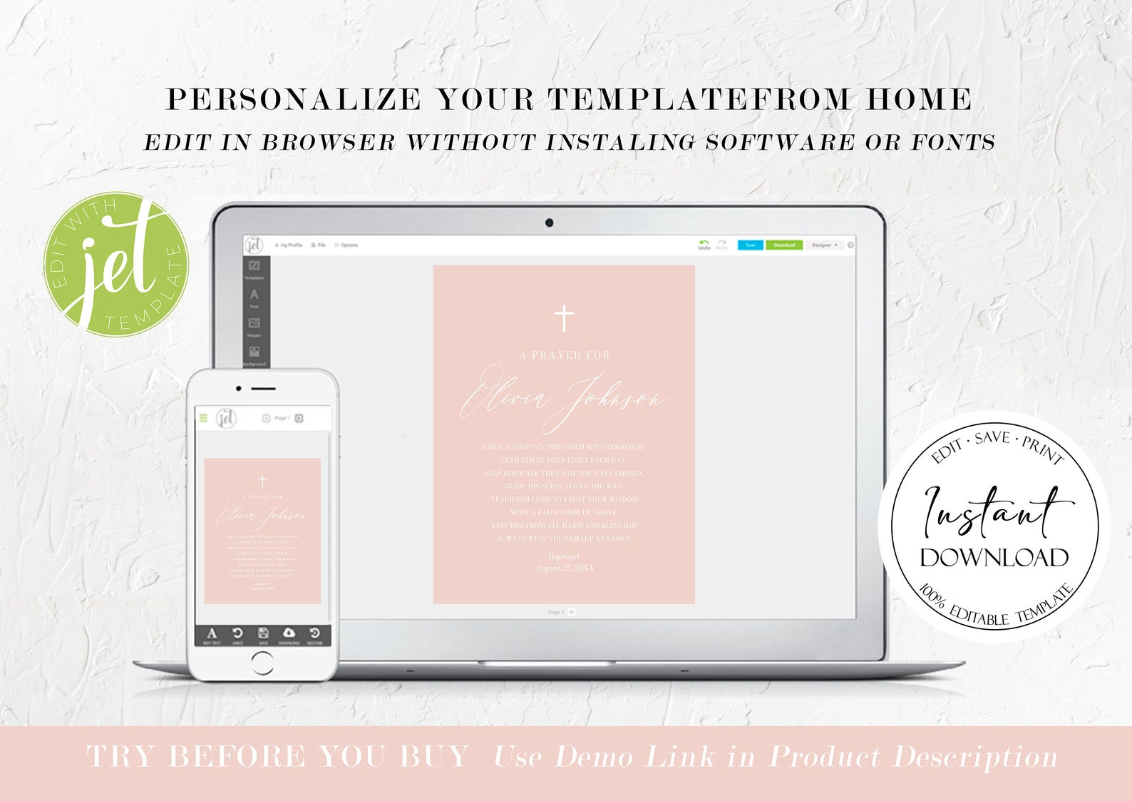 Dusty Pink Baptism Prayer Sign Template, Blush Pink White Cross ...