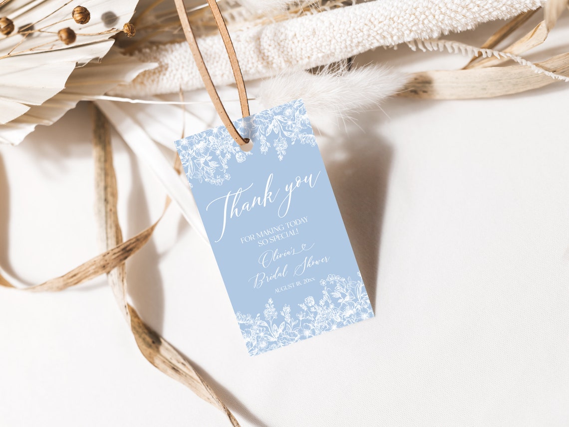 Dusty Blue Bridal Shower Favor Tags, Vintage Botanical Thank You Tags ...