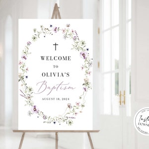 Wildflower Baptism Welcome Sign, Wildflower Welcome Board, Cross Purple Girl Baptism Welcome ...