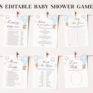 18 Blue Hot Air Balloon Baby Shower GAMES Package, Editable Baby Boy ...