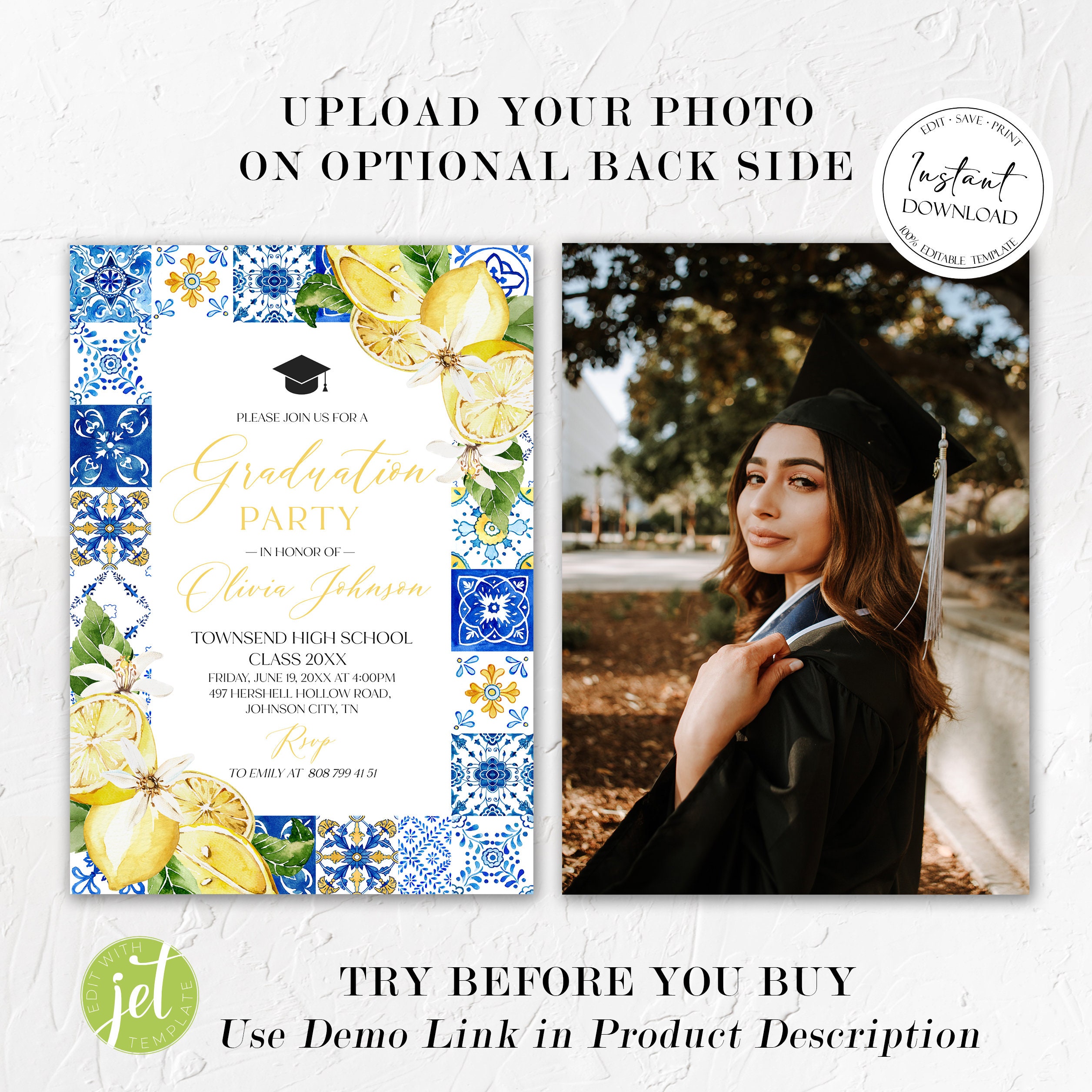 Editable Photo Italian Blue Tile Lemons Graduation Invitation, Italian ...