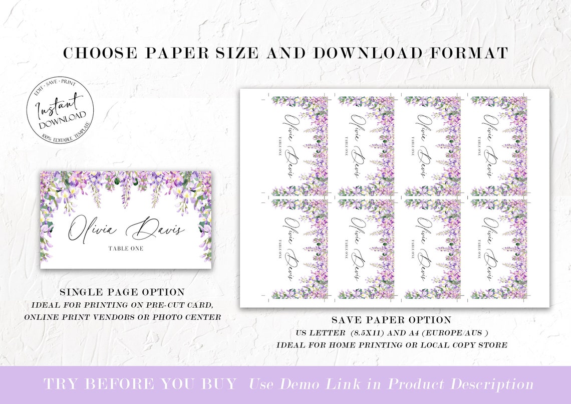 Wisteria Wedding Place Cards Template Editable Light Purple - Etsy