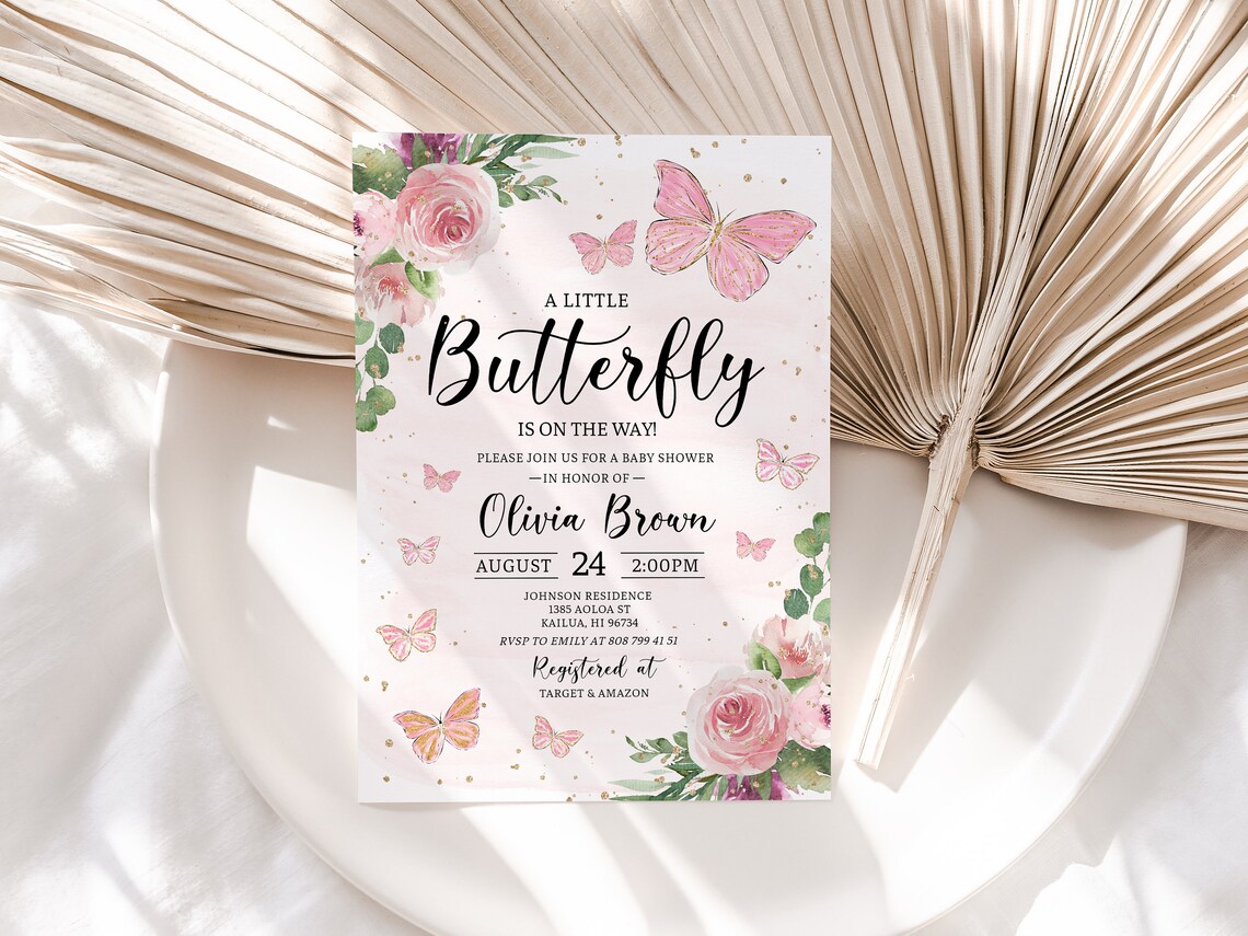 EDITABLE Butterfly Baby Shower Invitation, Girl Blush Pink Gold Floral ...