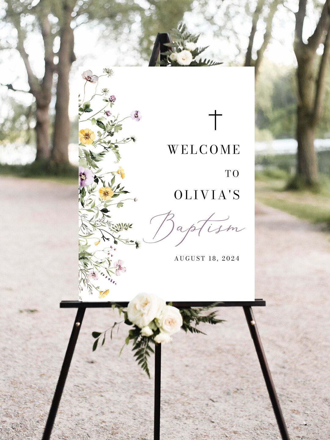 Wildflower Baptism Welcome Sign, Wildflower Welcome Board, Cross Purple ...
