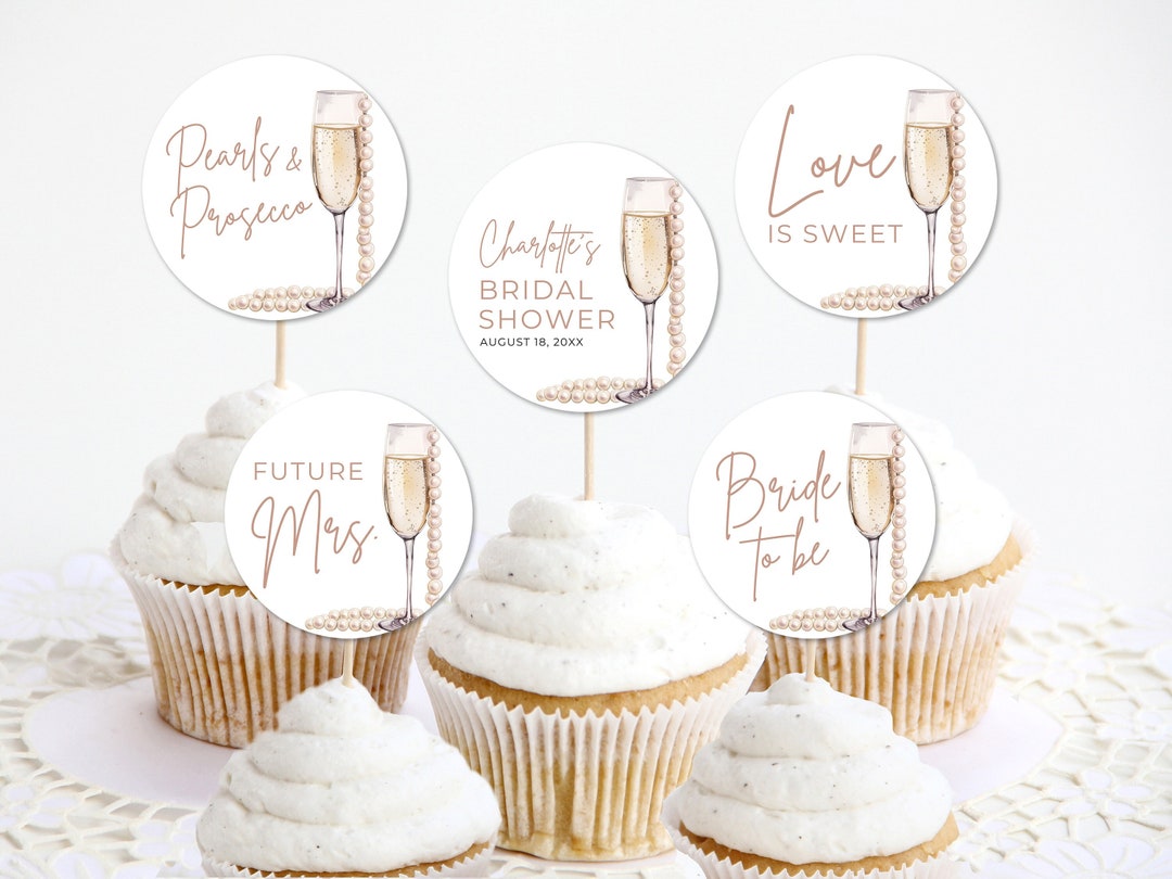 Pearls and Prosecco Bridal Shower Cupcake Toppers, Printable Minimalist ...