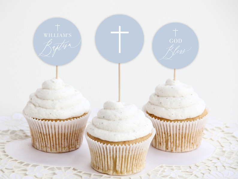 Dusty Blue Baptism Cupcake Toppers Editable Christening - Etsy