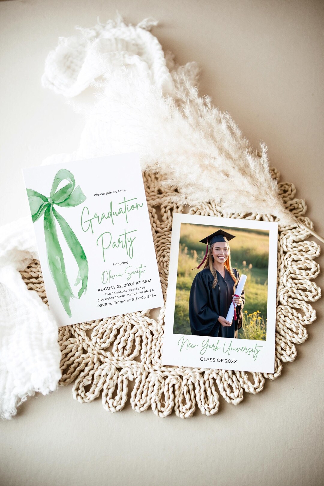 Green Bow Graduation Invitation Template, Class 2026 Graduate, Modern ...