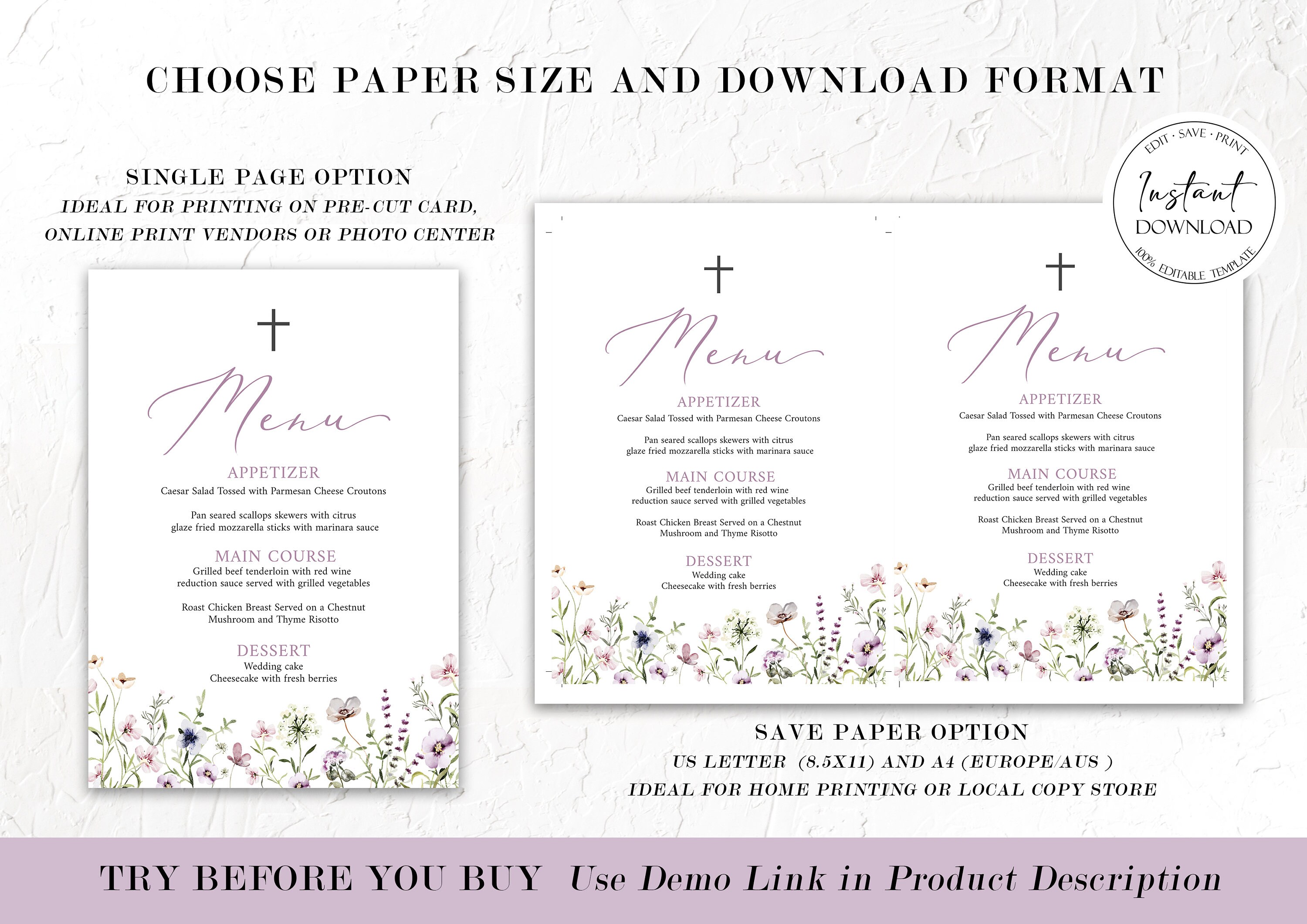 Wildflower Baptism Menu Card Template Editable Baptism Menu - Etsy