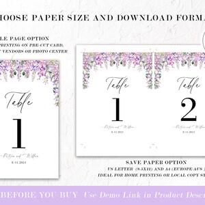 Watercolor Pink Purple Wisteria Floral Wedding Table Number Cards Printable Dusty Lilac Greenery ...