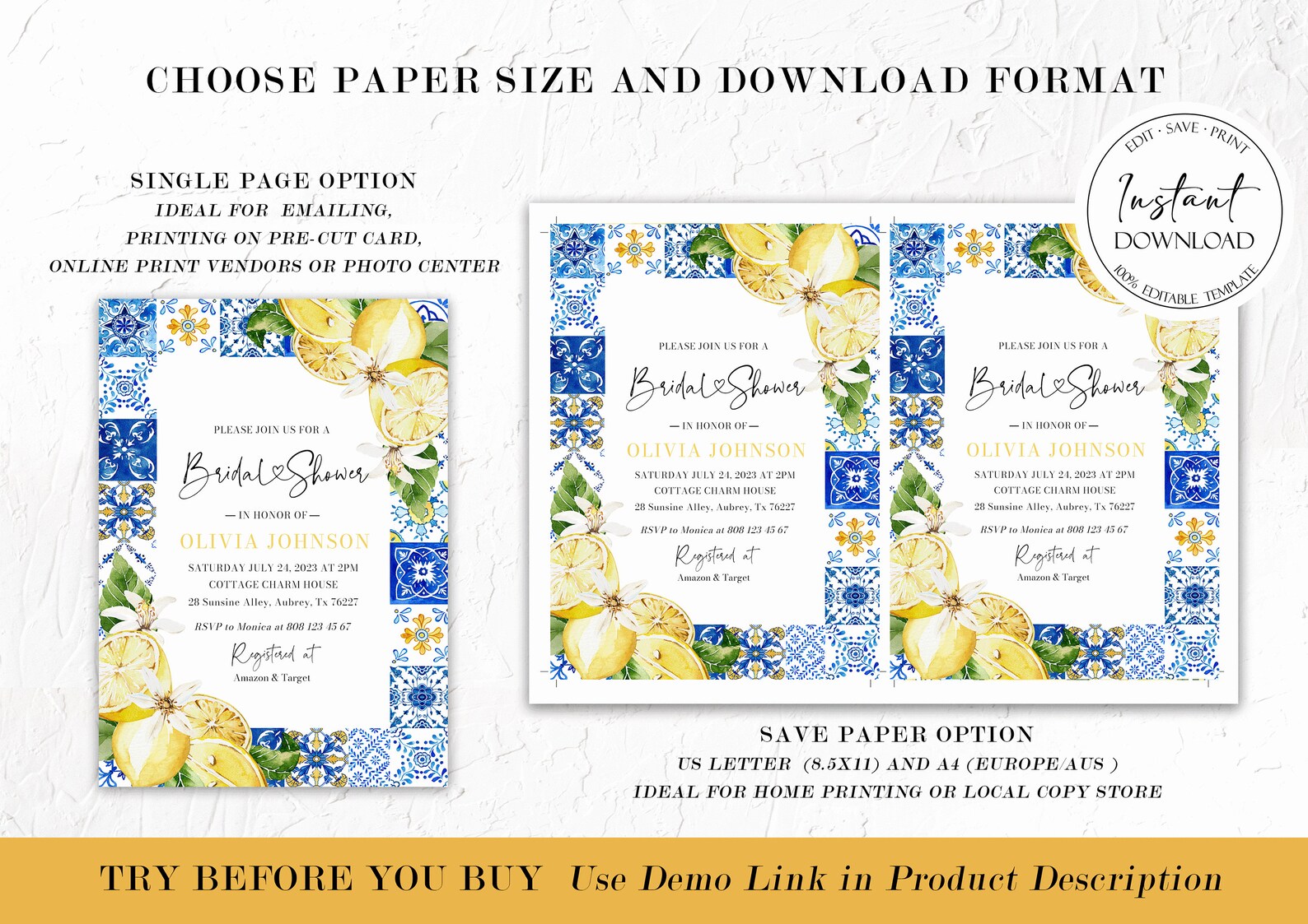 Italian Blue Tile Lemon Bridal Shower Invitation Template Mediterranean ...