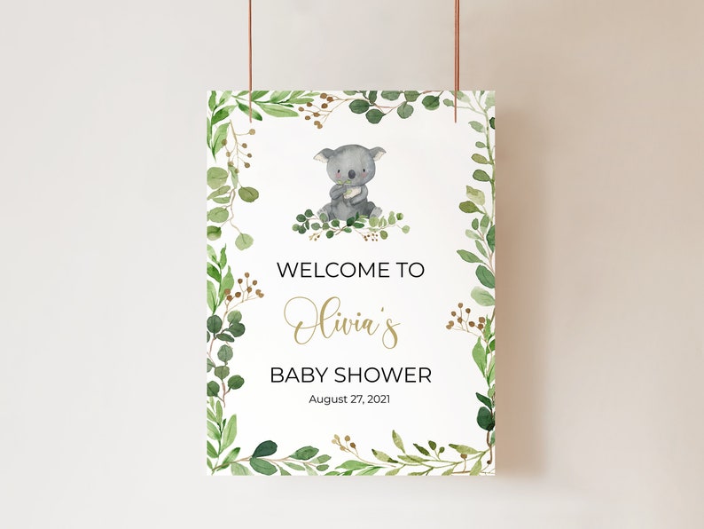 Editable Koala Baby Shower Welcome Sign Template Greenery Gender ...