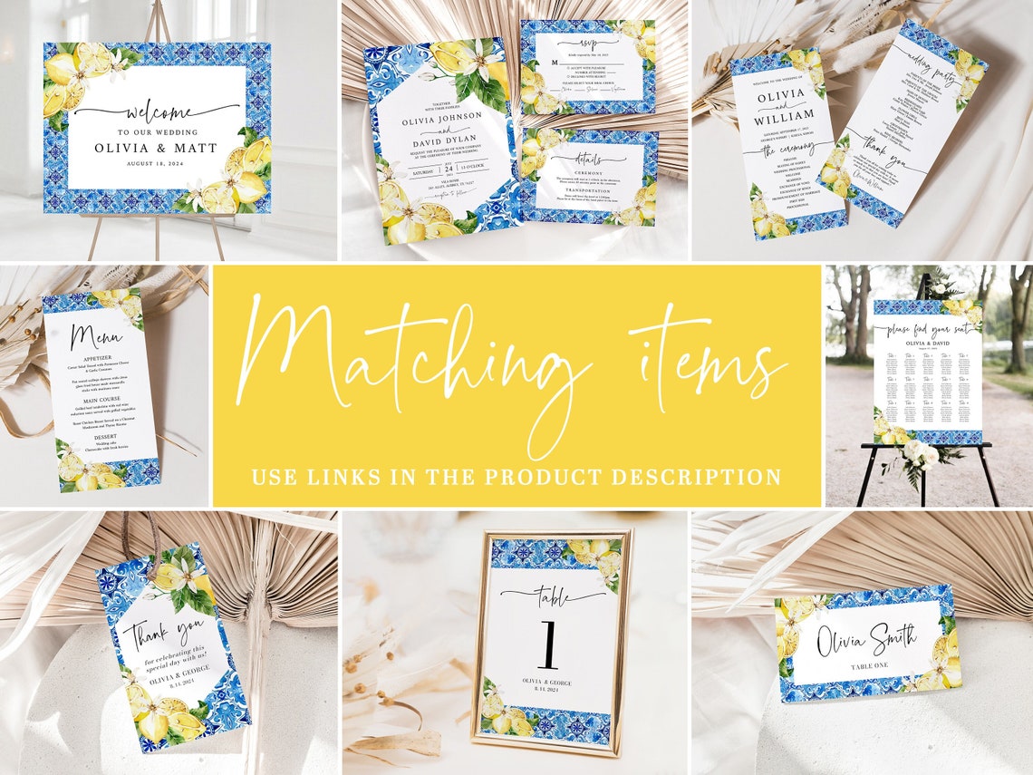 Positano Blue Tile Lemon Wedding Favor Tag Template, Mediterranean ...