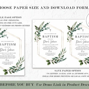 Greenery Gold Baptism Invitation Bundle, Editable Boy Christening ...