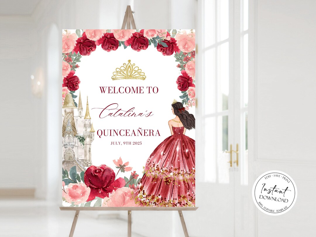Burgundy Blush Floral Quinceanera Welcome Sign, Princess Quinceanera ...