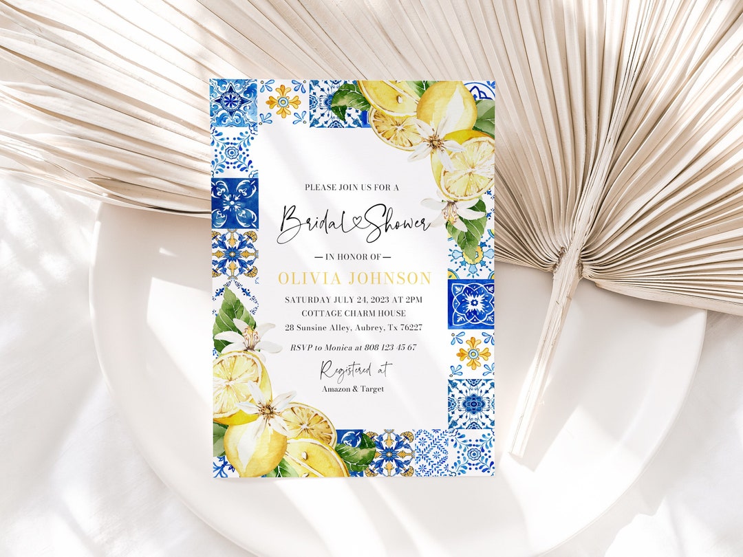 Italian Blue Tile Lemon Bridal Shower Invitation Template Mediterranean ...