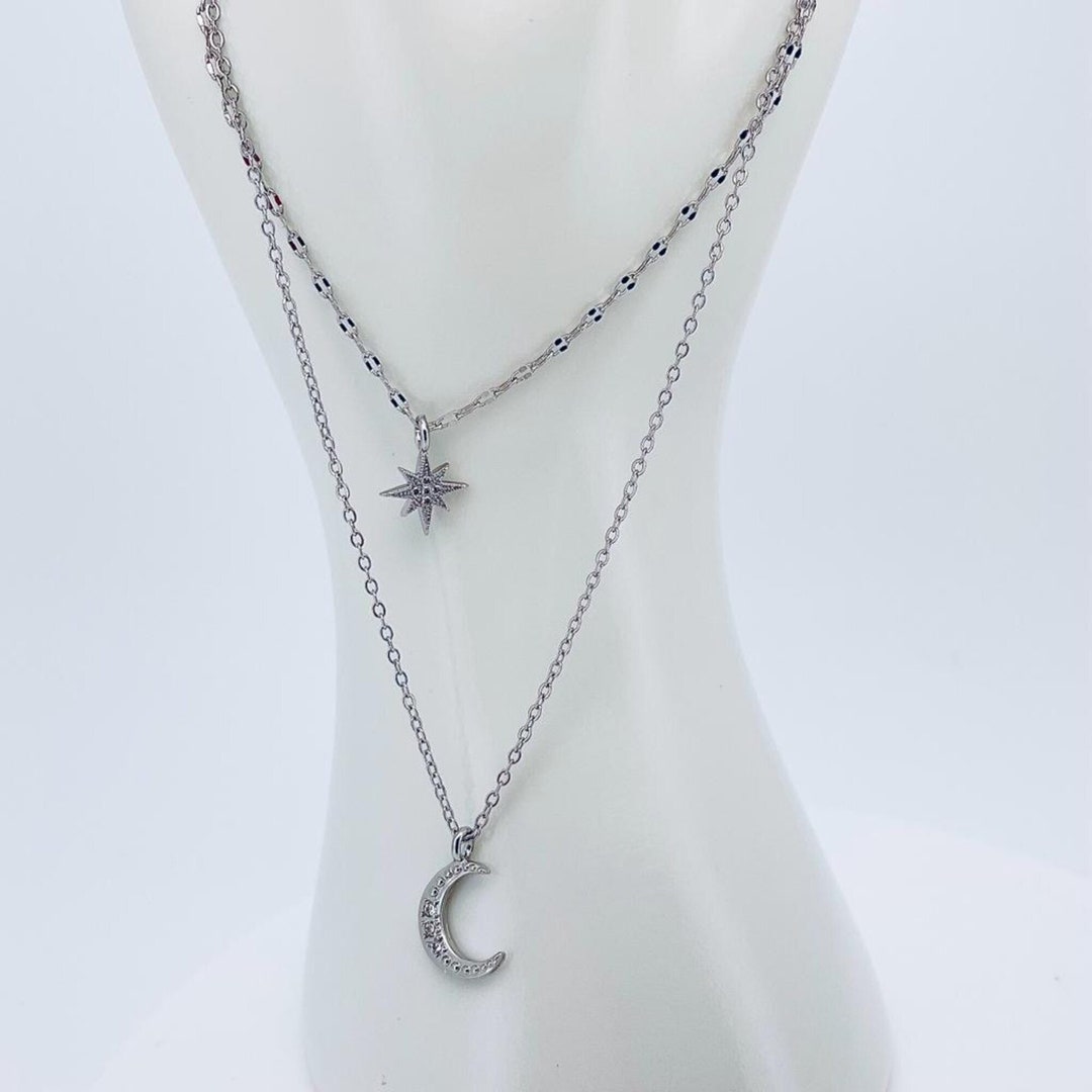 Double Chain Necklace With Star and Moon Pendants Sterling Silver ...