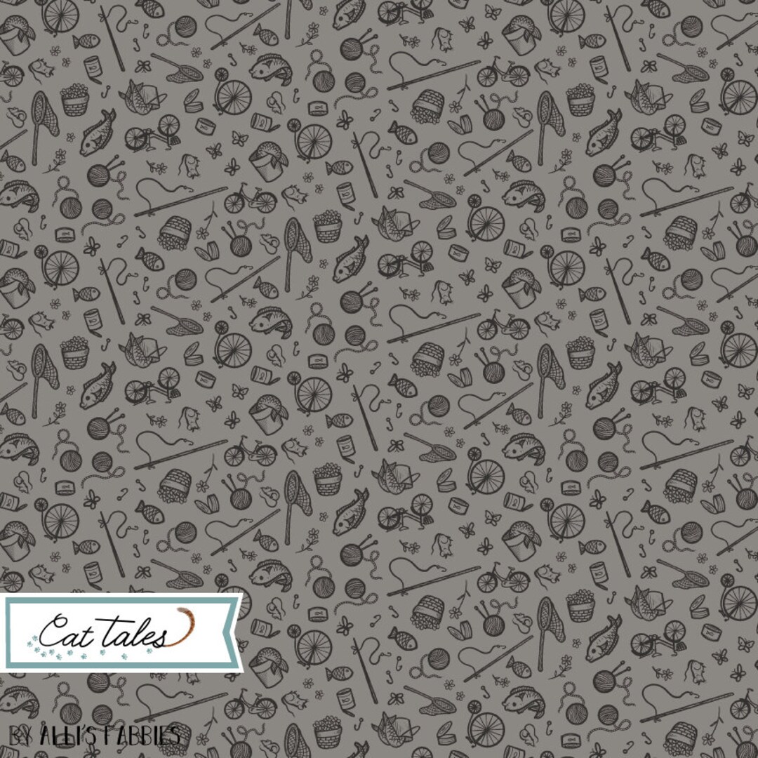 Rachel Hauer FQ+ Yardage, Cat Tales, Essential Supplies, Charcoal - Etsy