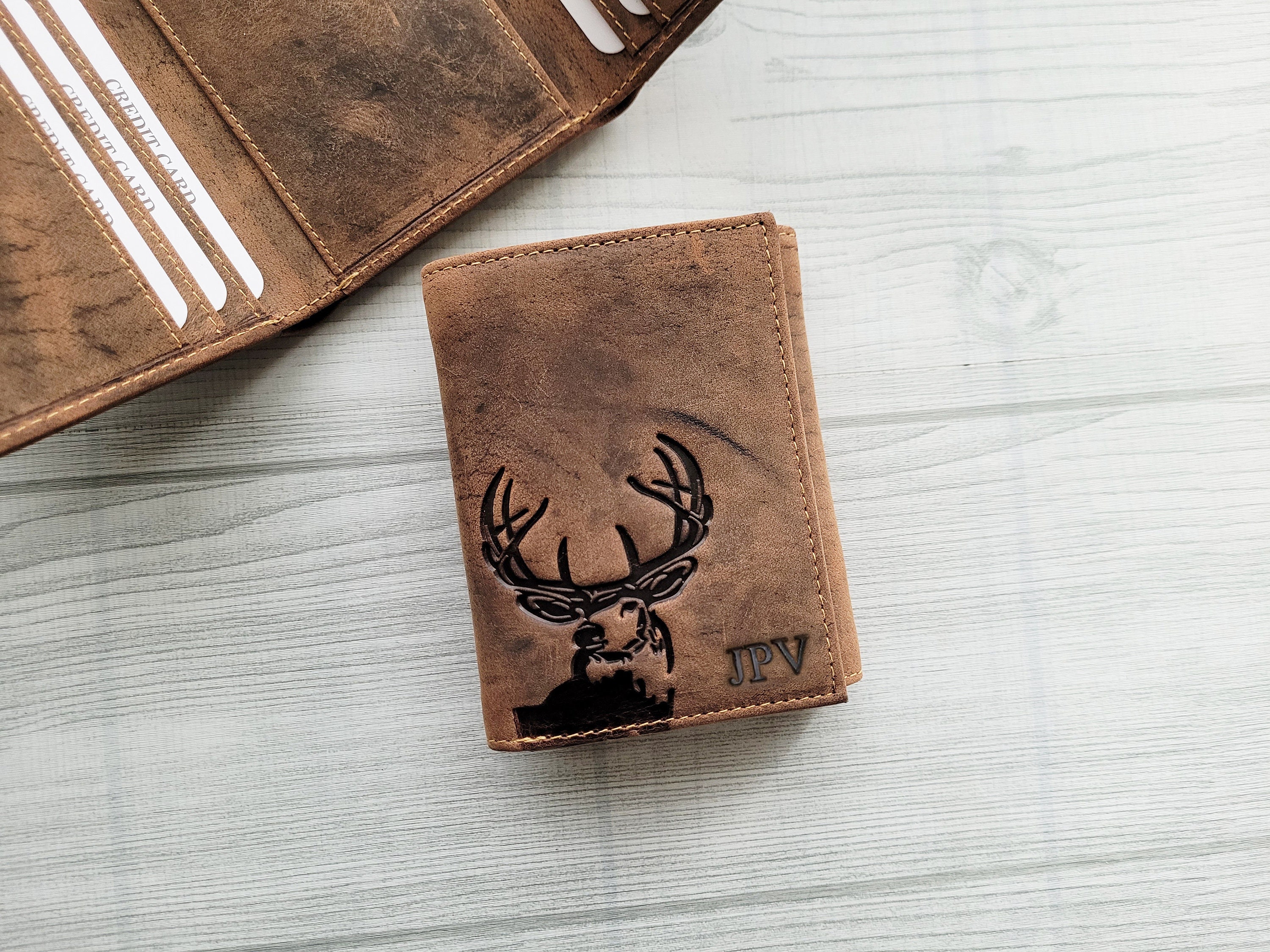 Personalized Deer Trifold Leather Wallet for Men - Hunting Gift for Men ...