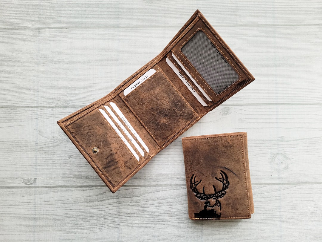 Personalized Deer Trifold Leather Wallet for Men - Hunting Gift for Men ...