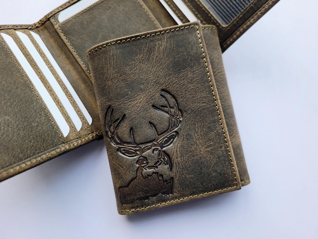 Personalized Deer Trifold Leather Wallet for Men - Hunting Gift for Men ...